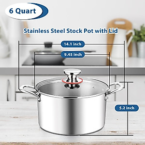 E-far 6 Quart Stock Pot, Tri-Ply Stainless Steel Cooking Pot with Glass Lid and Riveted Handles, Metal Pasta Soup Pot for Induction Ceramic Electric Gas Stoves, Heavy Duty & Dishwasher Safe