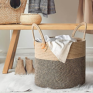 CHICVITA Jute Woven Storage Basket With Handles, Wicker Floor Basket, Boho Decorative Basket For Blanket, Toy, Shoe, Firewood, Farmhouse Plant Basket for Living Room, 14" X 14" X 12", Jute