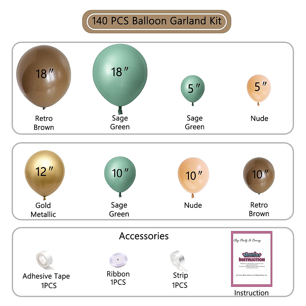 Monlot Sage Green Brown Balloon Garland Kit 135 Pcs Woodland Baby Shower Decorations Safari Balloon Arch Metallic Gold Nude Matte Balloons for Baby Shower Jungle Birthday Party Decorations