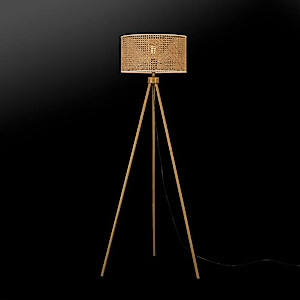 Globe Electric 65914 60" Floor Lamp, Faux Wood Tripod Base, Rattan Shade, On/Off Rotary Switch on Socket