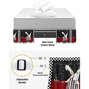 Retro Ches Bed Skirt King Size 16 Inch Drop, Adjustable & Elastic Wrap Around Bed Skirts Pleated Luxury Dust Ruffles for Twin Full Queen Cal King Base Bed, Black White Checkered Flowers Red