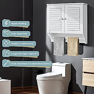 Tangkula Bathroom Medicine Cabinet, Wall Mounted Double Louvered Doors Storage Cabinet with Height Adjustable Shelf and Bar, Hanging Storage Bathroom Cabinet Organizer, White