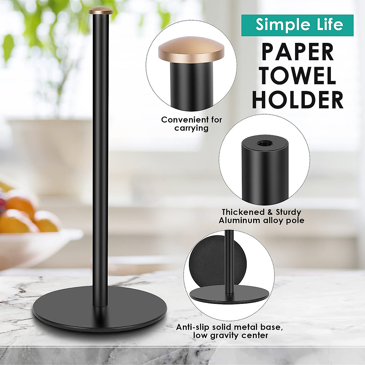 Toilet Paper Holder,Adjustable Black Paper Towel Organizer Stand for Kitchen,Bathroom - Holds 3 Rolls Toilet Tissue - Premium Stainless Steel Paper Towel Holder for Countertop