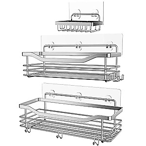 Orimade Shower Caddy Basket Soap Dish Holder Shelf with 5 Hooks Bathroom Organizer Shelf Kitchen Storage Rack Wall Mounted Adhesive No Drilling Rustproof SUS304 Stainless Steel - 3 Pack
