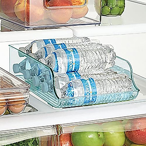 mDesign Wide Plastic Kitchen Water Bottle Storage Organizer Tray Rack - Holder and Dispenser for Refrigerators, Freezers, Cabinets, Pantry, Garage - Sea Blue