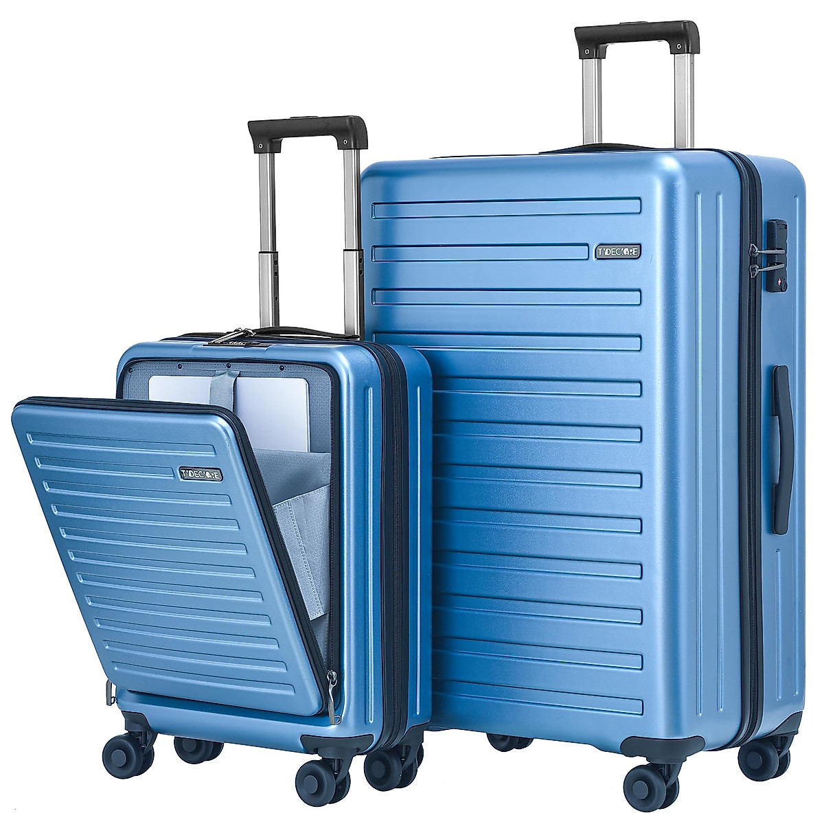 TydeCkare 2pcs 20/28" Luggage Set Lightweight HardShell, Only 20 Inch Carry On 21.65 * 15.35 * 7.87" Cabin Suitcase with Front Pocket, 28 Inch 19.68 * 11.81 * 29.92" Checked Luggage, Blue