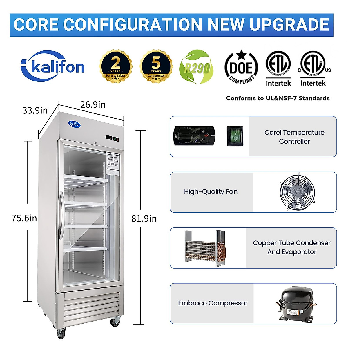 kalifon Commercial Display Refrigerator Merchandiser with 1 Glass Door - 23 Cu.Ft Upright Display Refrigerator with LED Lighting