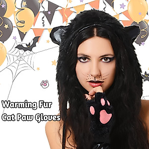 SATINIOR 4 Pairs Cat Paw Gloves Fingerless Gloves Mittens Half Finger Paw Gloves Winter Plush Gloves for Kids Adult Costume