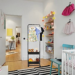 Clothing Garment Rack, Metal Clothing Rack with 2 Tier Basket ,Rolling Clothes Organizer with Wheels,Rolling Storage Cart Clothes Organizer Coat Rack Storage Stand for Home Bedroom Laundry(Black)