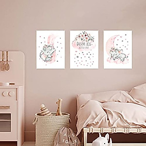 Canssape Pink Elephant Nursery Wall Decor Set of 4 Baby Girl Room Decor Elephant Wall Art Goodnight On A Hot Air Balloon |Dream big little one|(8x10in)(Unframed)