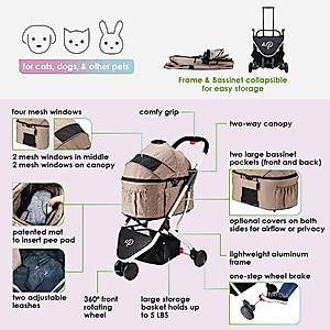 Petique 3-in-1 Newport Pet Stroller (Travel Carrier + Car Seat + Stroller), Easy Trifold/Unfold, 360º Front Rotating Wheel, Small/Medium Dogs, Cats and Pets, Supports up to 45LBS – Champagne (Beige)