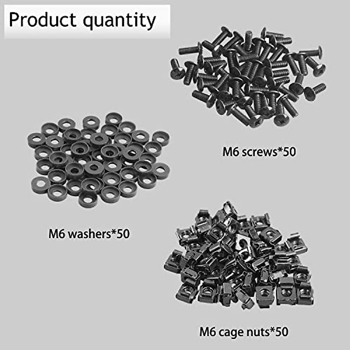 Leadrise 50-Pack M6 x 16mm Computer Rack Mount Cage Screws and Nuts & Washers for Rack Mount Server Cabinet, Rack Mount Screw Cage Nut - Black
