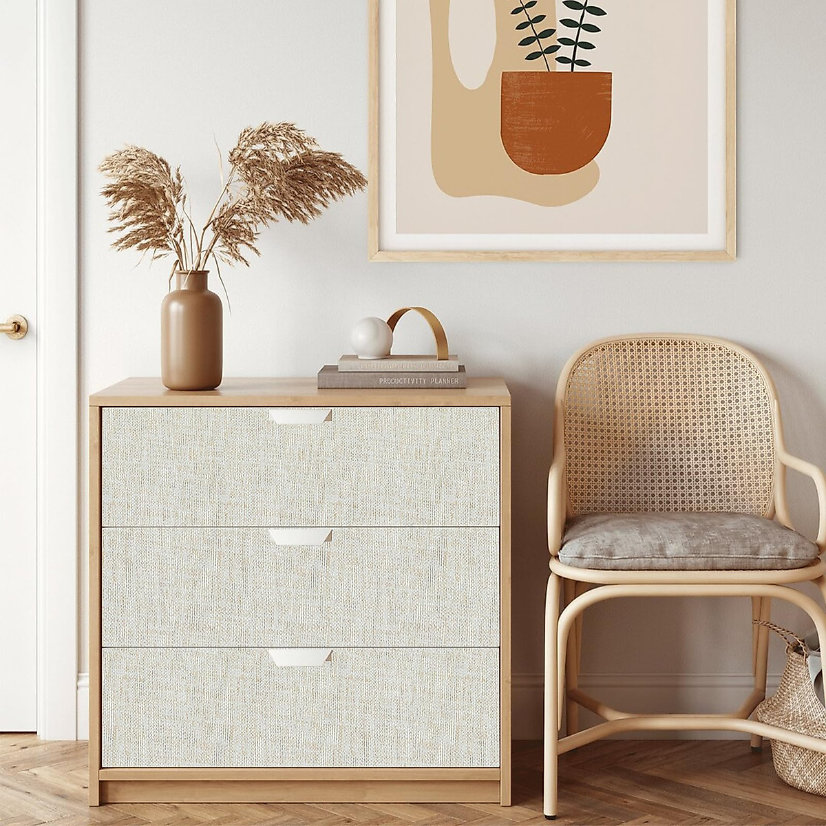 Yancorp 10ft Textured Fabric Cream Wallpaper Faux Grasscloth Beige Peel and Stick Self-Adhesive Linen Removable Wallpaper Cabinets Counter Top Liners