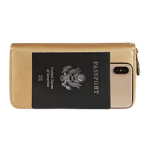 Cynure Women's Large Zipper Card Organizer Long Leather Wristlet Clutch Wallet for Ladies, Gold