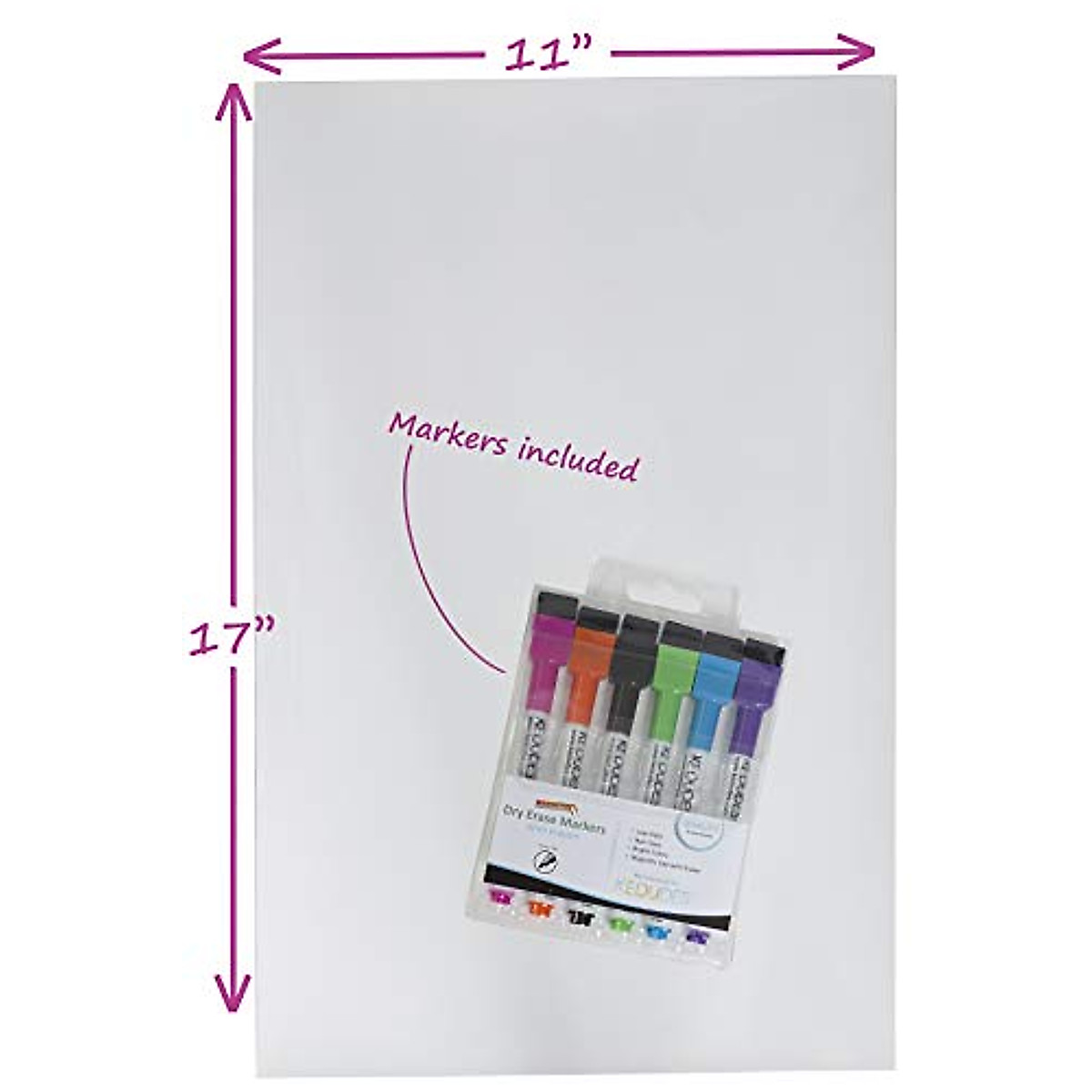 USA Made Magnetic Dry Erase Whiteboard Sheet 17" x 11" with a Set of 6 Markers