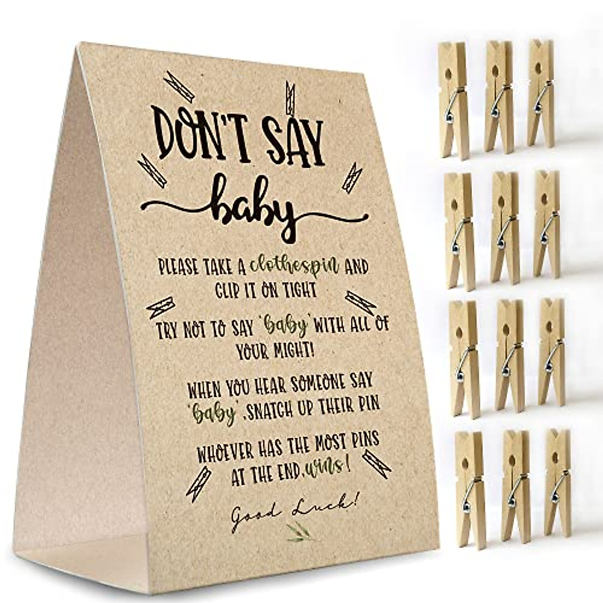 Kraft Paper Don't Say Baby Sign,Don't Say Baby Game Kit (1 Standing Sign + 50 Mini Clothespins),Baby Showers Decorations-NPZDON'T 03