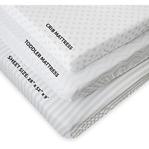 NODNAL CO. 3 Fitted Crib Sheets Gray Set - 100% OEKO-TEX Cotton for Baby Girl/Boy Nursery Bedding - Gender Neutral Chevron, Polka Dot & Stripe - Standard Baby or Toddler Crib Mattress 28”x52”x9” Sheet