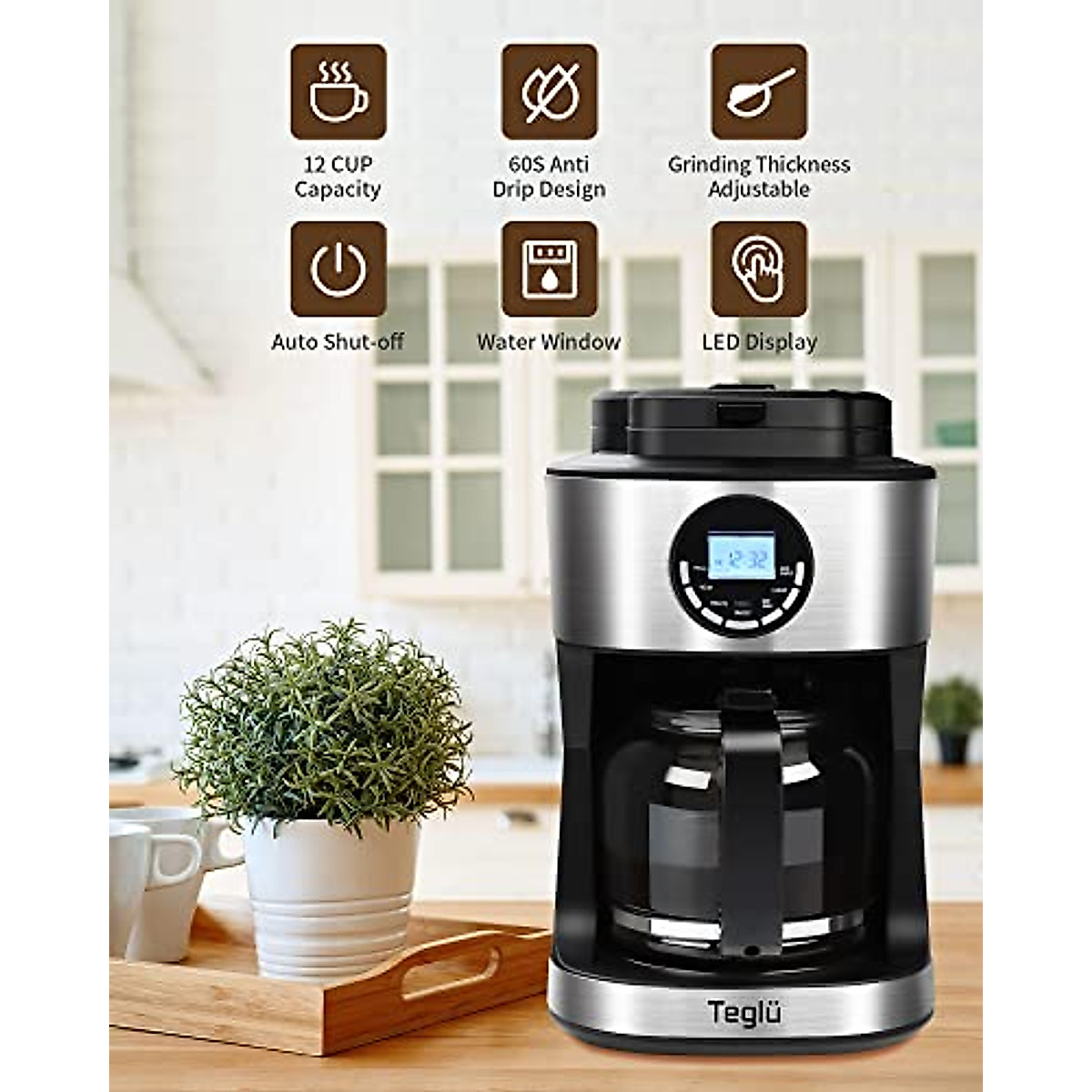 Teglu Coffee Maker with Grinder Built in 12 Cup, Programmable Grind and Brew Coffee Machine All in One with Warming Plate, Automatic Drip Coffee Pot with 60-oz Carafe BPA Free, 950W, Black-2023