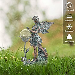 TERESA'S COLLECTIONS Large Garden Fairy Outdoor Statue, Solar Garden Sculptures & Statues with Crackle Glass Globe, Bronze Patina Garden Art for Lawn Patio Balcony Decor 13.2 inch