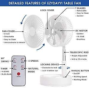 EZYDAYYI Battery Operated Floor Standing Fan Foldable Oscillating Desk Fan for Bedroom, Rechargeable 7200 mAh 8 inch Portable Small Room Fan Camping Travel Cooling Fan with Remote, Timer and 4 Speeds
