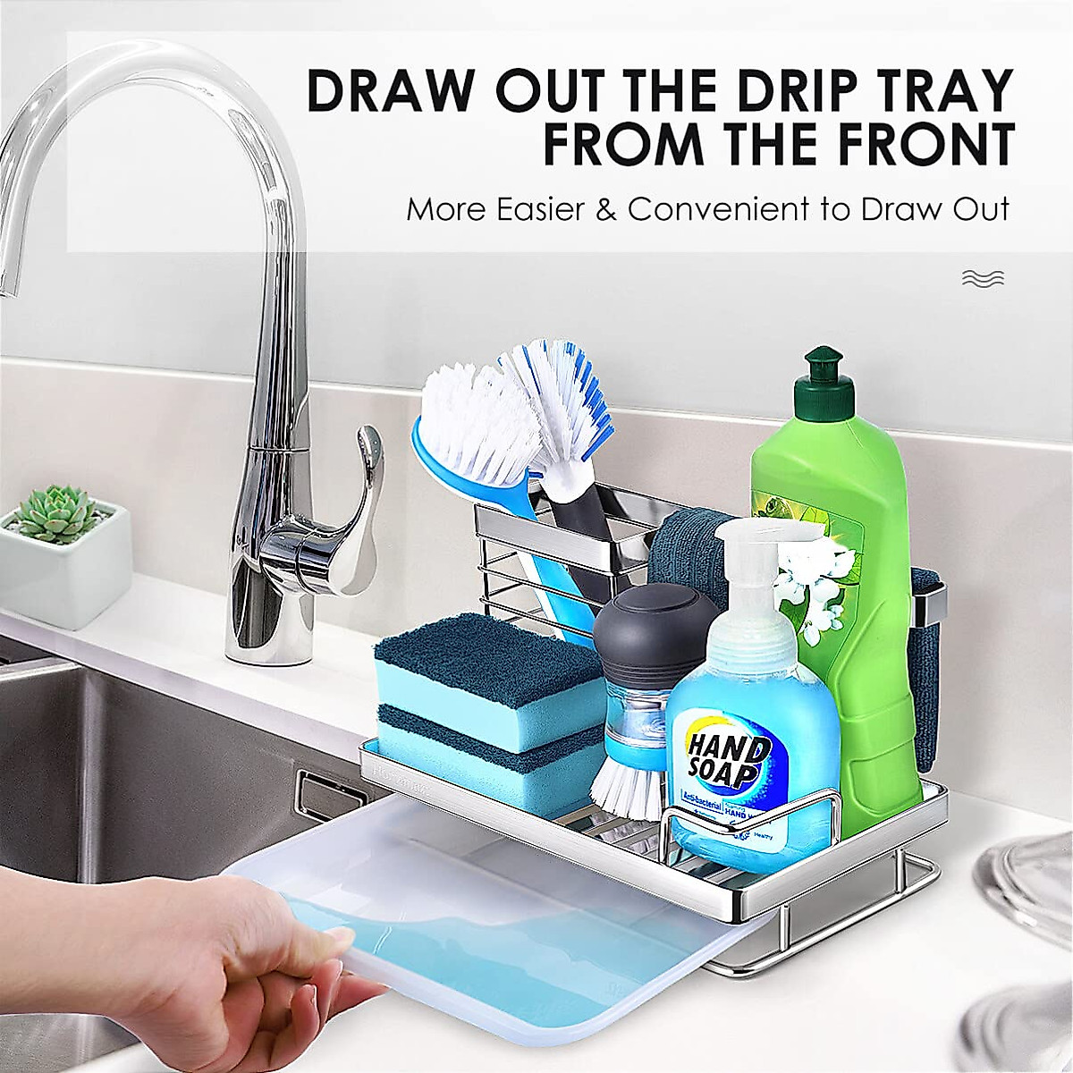 Kitchen Sink Caddy Sponge Holder: Rust Proof Kitchen Sink Organizer for Dish Rag Soap Brush - Sponge Holder with Drain Tray for Counter