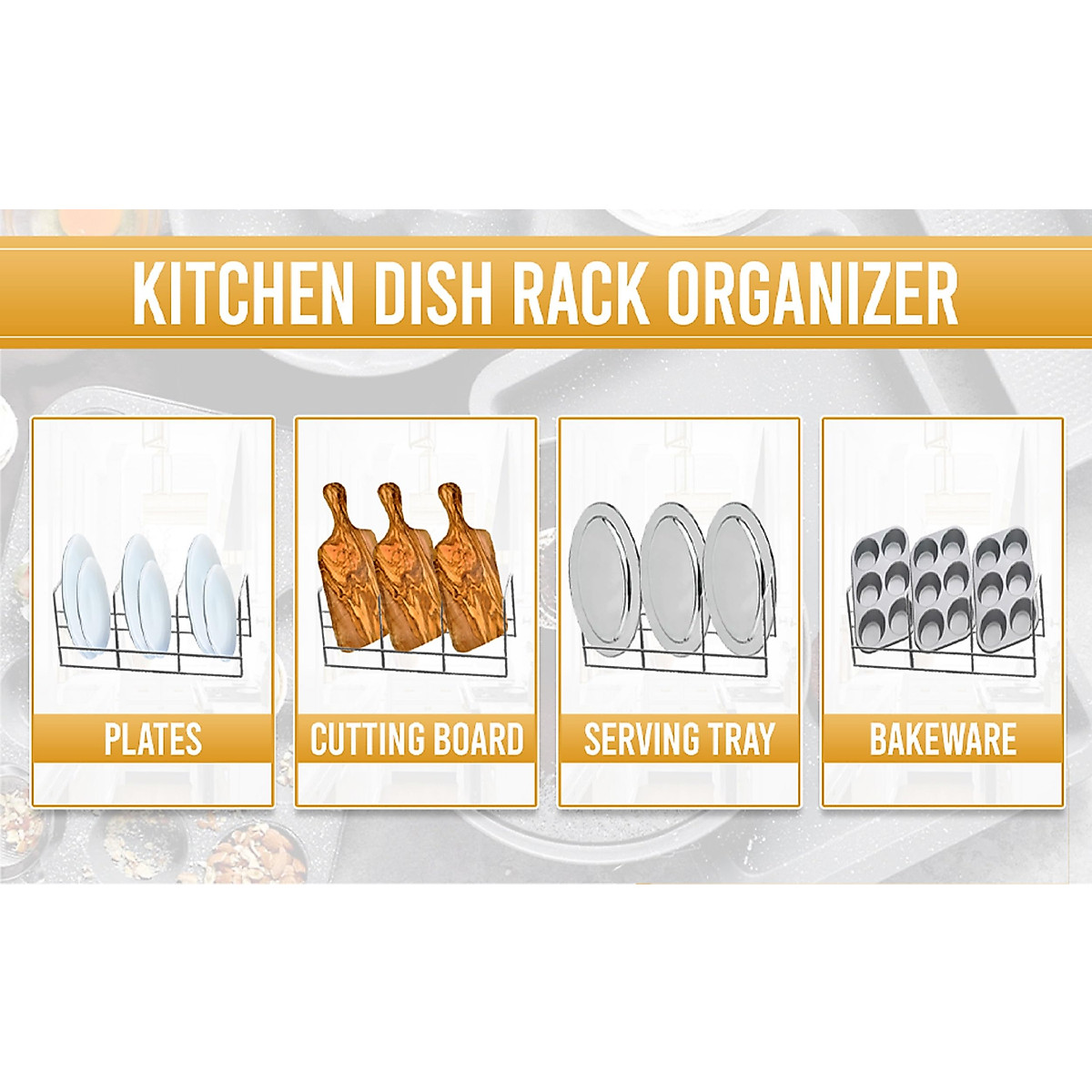 YBM Home Wire Dish Storage Rack for Plates, Cutting Boards, Bakeware, Pots and Pans, Serving Trays, Lids, and Other Cookware, 3 Section Plate Holder for Cabinets and Cupboards, Silver 2552