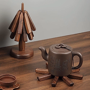 Wooden Trivets for Hot Dishes, 3 Wooden Trivets + 1 Stand Stored Like a Christmas Tree, Black Walnut Wood Tree Shape Trivet Set for Kitchen Decoration, Anti-Hot Non-Slip Trivet for Hot Pot