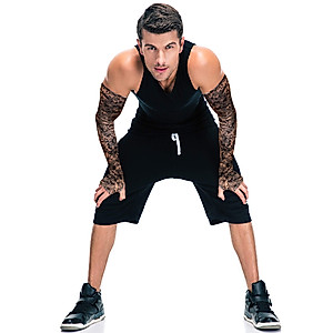 Bememo 8 Pairs UV Sun Protection Arm Sleeves Cooling Anti Slip Tattoo Cover Sleeves with Thumb Holes for Men Women(Camouflage)