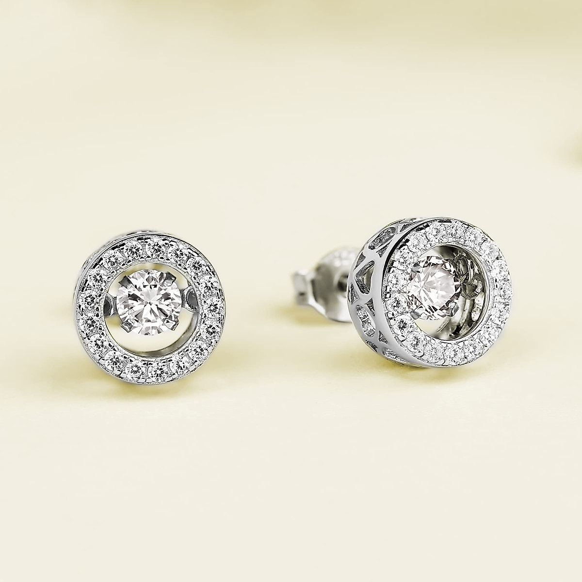 YL Round Halo Earrings Sterling Silver Dancing Diamond Solitaire Stud Earrings Cubic Zirconia Jewelry for Women