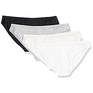 Amazon Essentials Women's Cotton and Lace Bikini Underwear, Pack of 4, Black/Pink/Light Grey Marl, Large