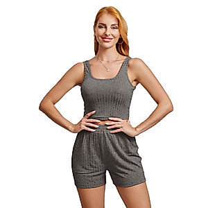 WDIRARA Women's 2 Piece Outfits Ribbed Scoop Neck Tank and Shorts Summer Outfits Set Grey XL