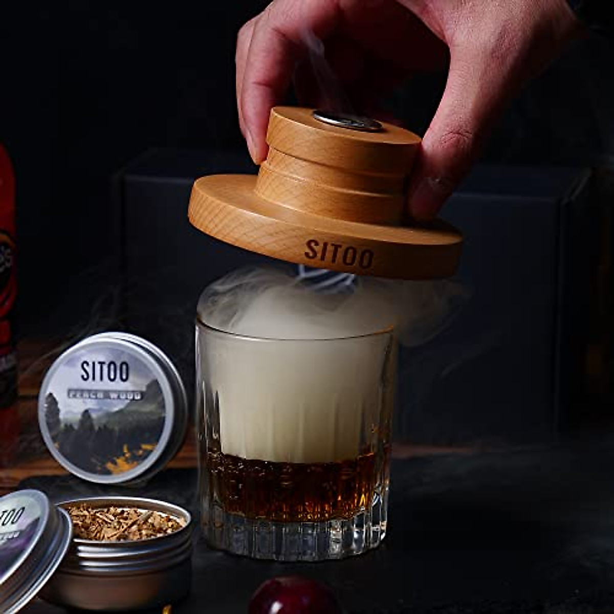 SITOO Cocktail Smoker, Old Fashioned Whiskey Smoker Kit w/ 4 Wood Shavings,Cocktail Smoker Kit for Cocktails, Meat, Whiskey, Desserts