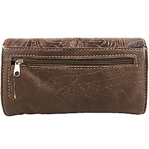 Justin West Tooled Leather Laser Cut Turquoise Rhinestone Cross Concho Studded Messenger Handbag with CrossBody Strap (Brown Wallet)