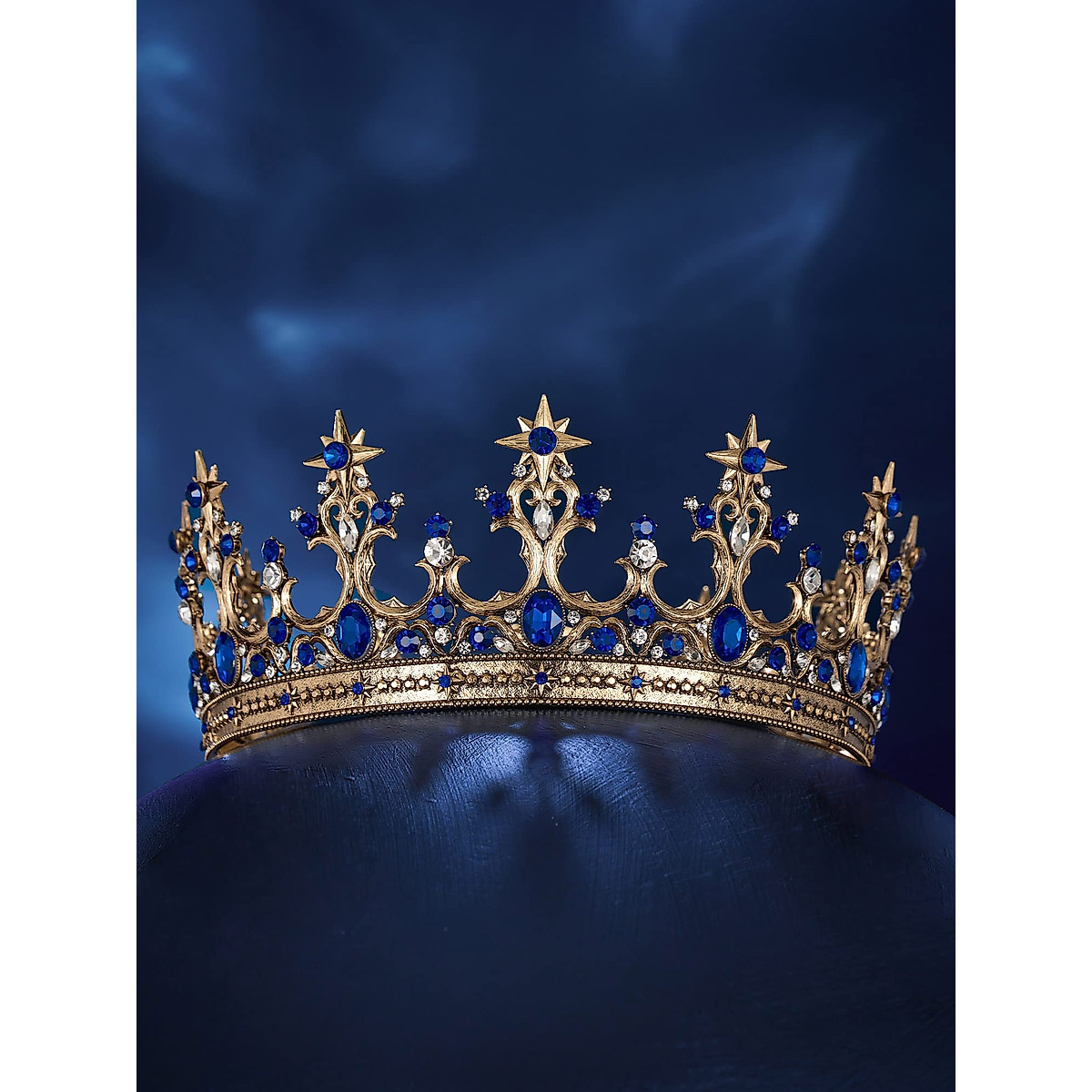 SWEETV Couple Crowns for Women & Men,Crystal Queen Tiara King Crown Set,2-Pack Gold Blue Medieval Hair Accessories for Prom Wedding Photo Shoot Birthday