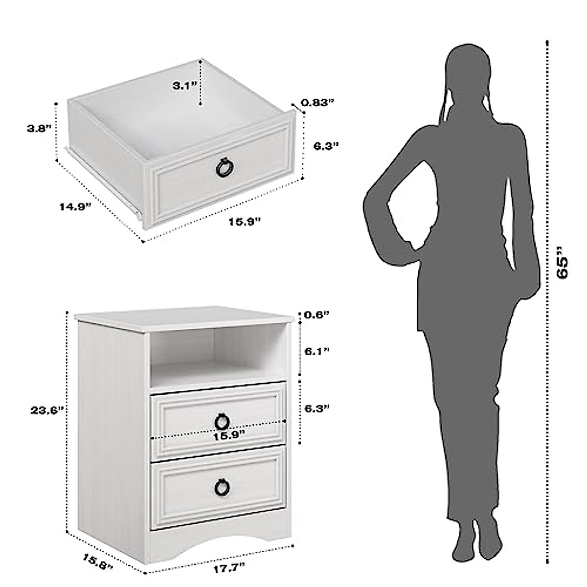 HolliWill Nightstand Set of 2, Night Stand with Drawers, Accent Bed Side Table and End Table with Open Storage for Bedroom, Living Room, White