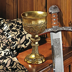 Design Toscano Golden Chalice of King Arthur Medieval Décor Decorative Gothic Goblet Sculpture, 5 Inches Wide, 5 Inches Deep, 9 Inches High, Metallic Gold Finish