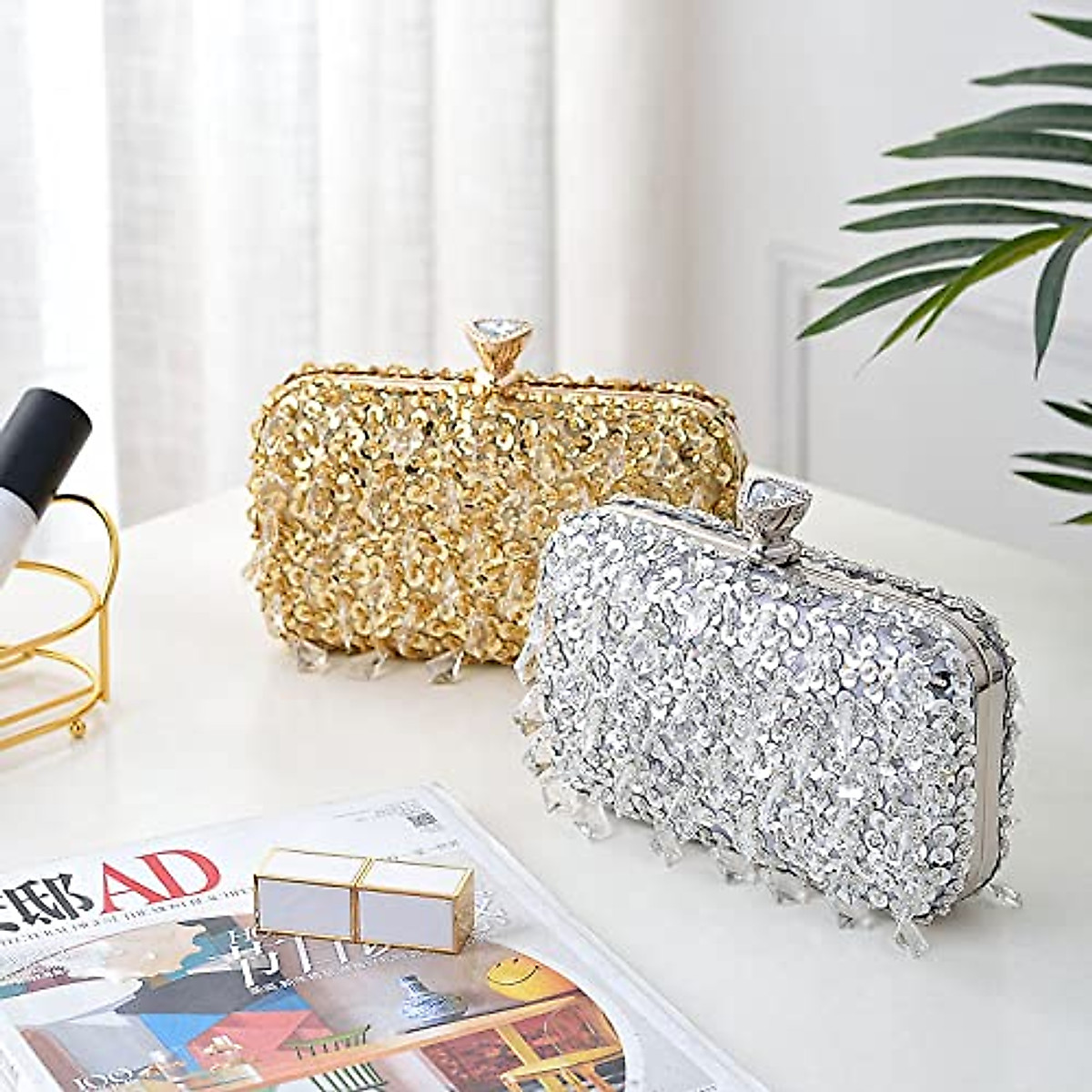 Omatta Women's Evening Handbags,Rhinestone Beaded Sequin Evening Handbags Party Prom Purse Bridal Clutch Purses Fancy Crossbody Bag