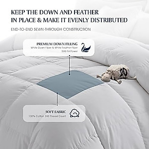 Serta White Down Feather Fiber Comforter Queen Size, All Seasons Warmth 300 Thread Count White Down Duvet Insert 500 Fill Power Fluffy Comforter with 100% Cotton Down Proof Cover