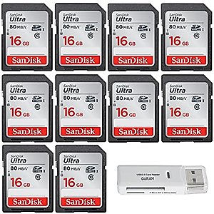 SanDisk 16GB (10 Pack) Ultra Class 10 SDHC 80MB/s UHS-I Memory Camera Card SDSDUNC-016G-GN6IN Bundle with (1) GoRAM USB 3.0 Card Reader