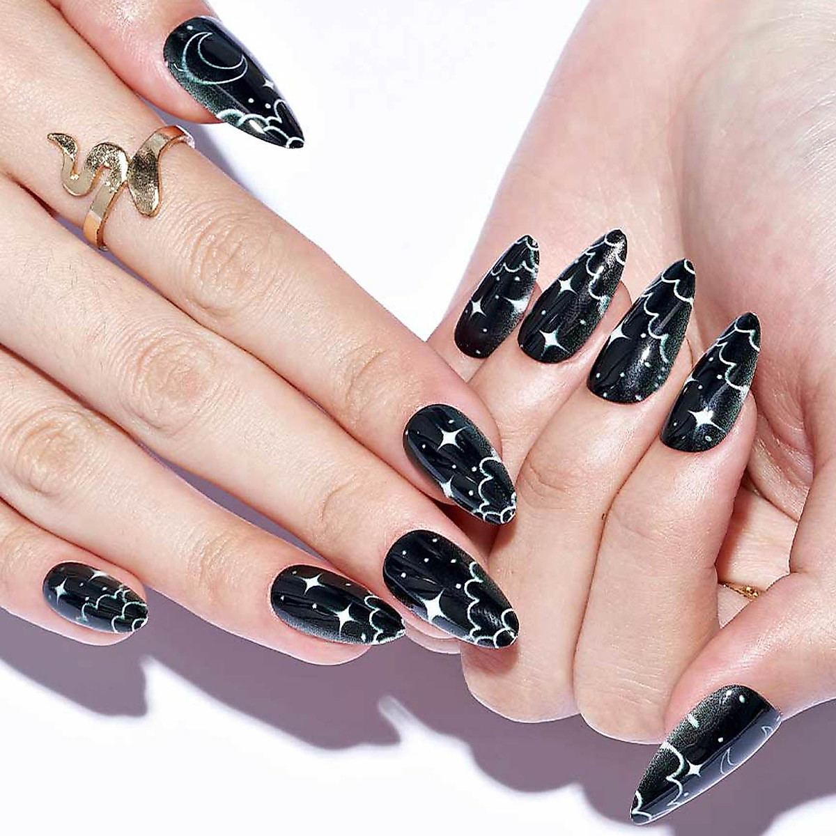 GLAMERMAID Winter Press on Nails Almond,Black Gel False Nails with tree Design,24 PCS Glue on Nails,Reusable Acrylic Stick on Nails Tips Manicure Set for Women Girls Gift