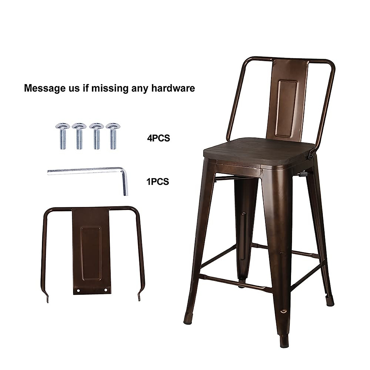 LEEJAY Commercial Grade Indoor Metal Bar Stools Set of 4, 24 Inch High Back, Gun Gray Counter Height Patio Barstools with Black Padded Cushion, 12"x12" Seat, Extra Durable and Stackable, Easy Assembly