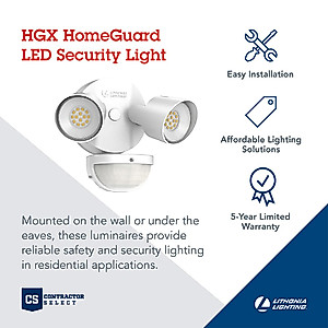Lithonia Lighting HGX LED 2RH 40K 120 MO WH M2 HomeGuard Security Flood Lights, 4000 Lumens, 2-Light, Photocell Sensor and Motion Detection, White