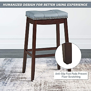 COSTWAY Bar Stools Set of 4, 29-Inch Height Backless Counter Stool with Footrest, Soft Seat Cushion, Wood Legs and Non-Slip Foot Pad, Saddle Stools for Home Kitchen Living Room, Stone Gray+Dark Brown