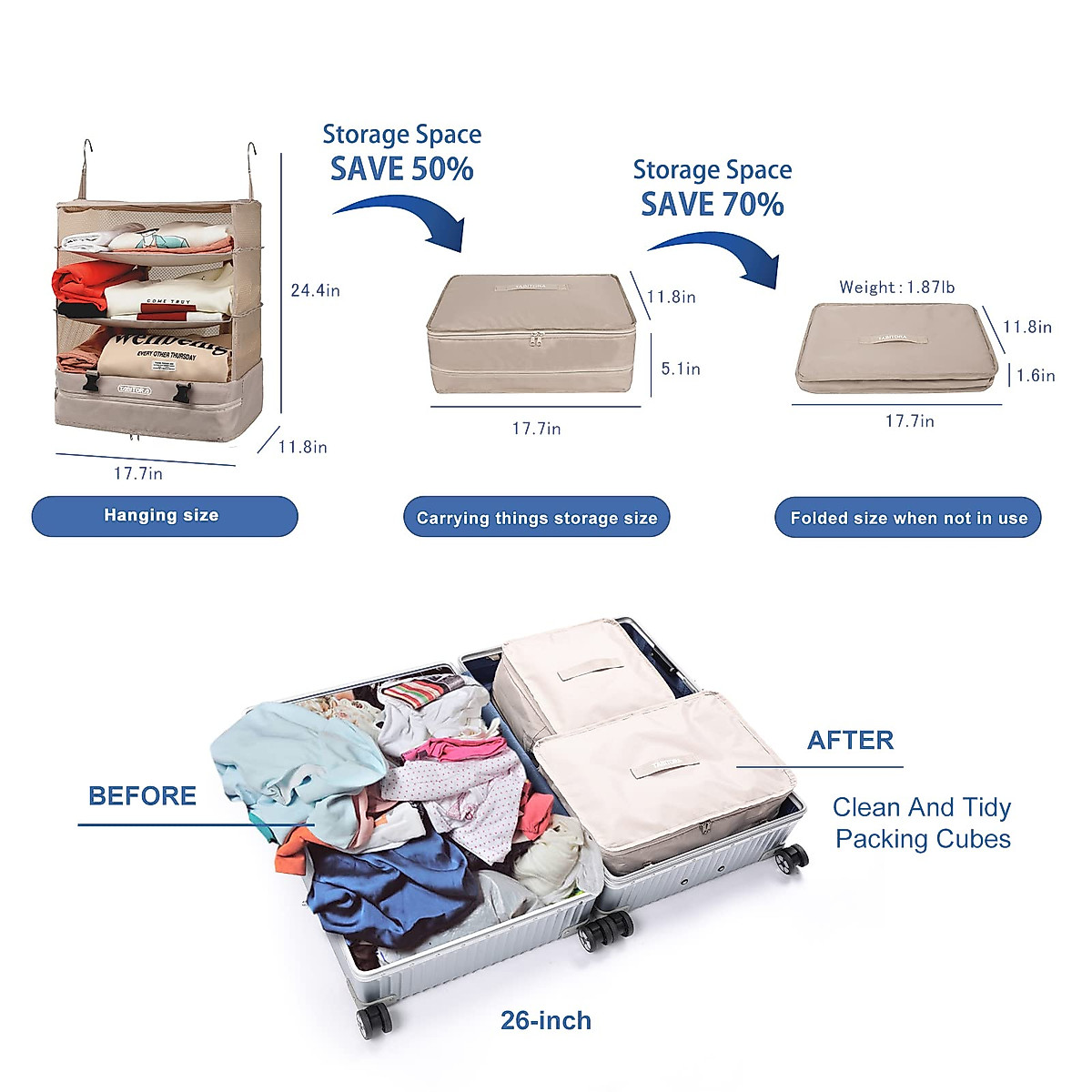 TABITORA Portable Hanging Travel Shelves Bag Packing Cube Organizer Suitcase Storage Large Capacity Beige L+XL