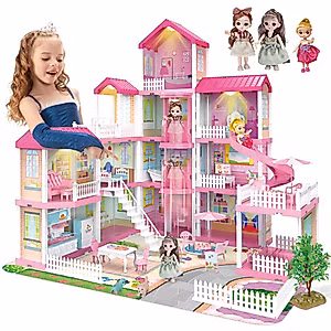 Doll House Playset with Elevator,Slide,Stairway,Lights,Furniture,Accessories,Pretend Play Dollhouse with 3 Dolls& 2 Pets,Doll House for 3 4 5 6 7 8 Year Old Kids Girls (13 Rooms)