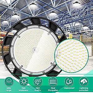 ALNSA LED High Bay Light 150W Super Bright UFO LED High Bay Light 21,000LM 5000K with US Plug 5’Cable, 1-10V Dimmable, IP65 Waterproof LED Shop Lights, Commercial Workshop Factory Area Lighting
