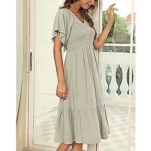 Zattcas Womens Short Flutter Sleeve V Neck Smocked Ruffle Midi Tiered Dress Light Sage S