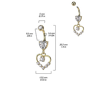 Pierced Owl 14GA 316L Stainless Steel CZ Crystal Hollow Heart Shaped Dangling Belly Button Ring (Silver Tone)