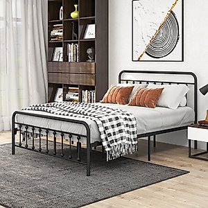 LAVHOME Queen Size Classic Metal Platform Bed Frame Mattress Foundation with Victorian Style Iron-Art Headboard/Footboard/Under Bed Storage/No Box Spring Needed/Black