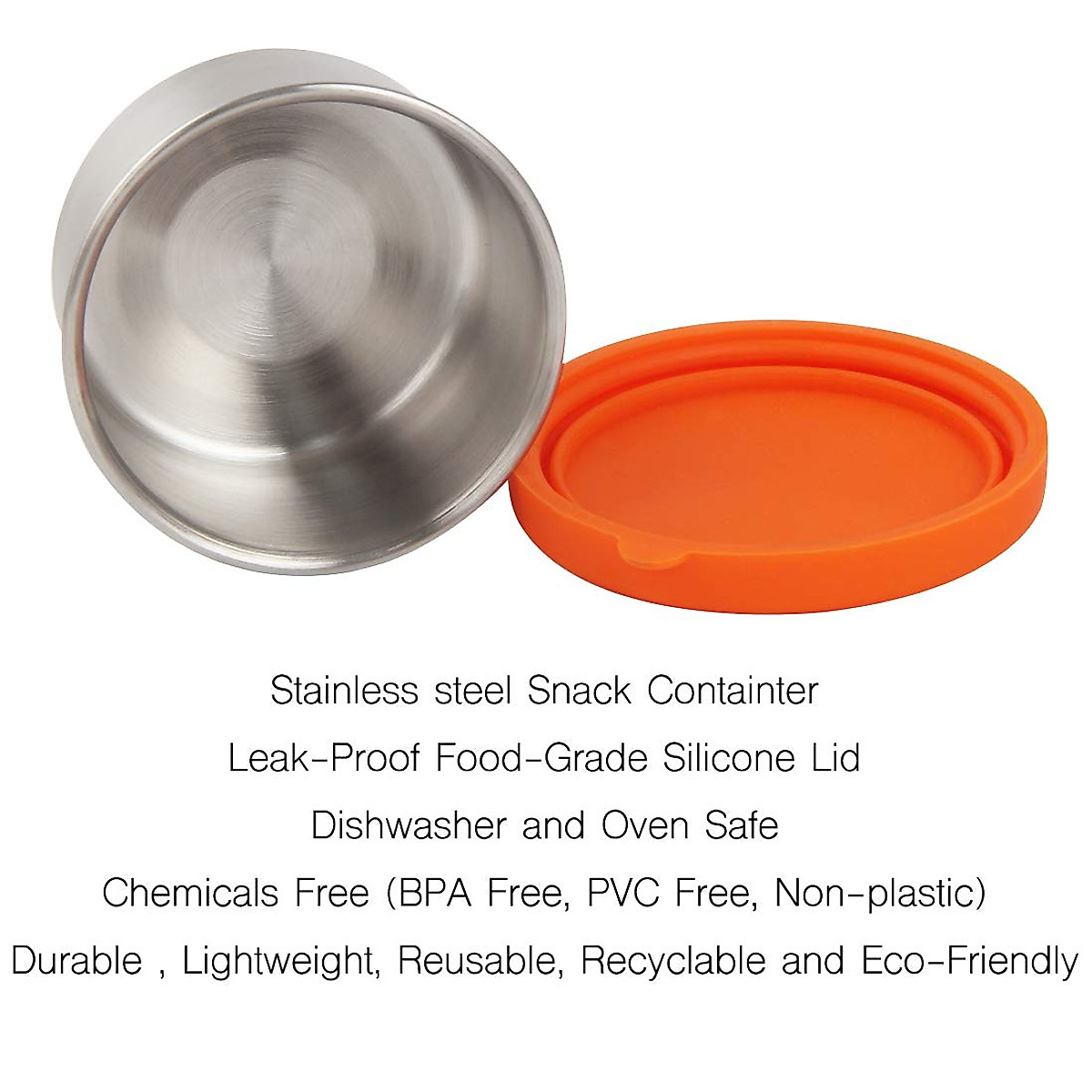 kilofly 3-Piece BPA Free Leak Proof Reusable Round Eco to Go Stainless Steel Food Storage Container with Silicone Lid for Dip Condiment Salad Dressing Meal Prep Snack Lunch, 3.4-Ounce Orange
